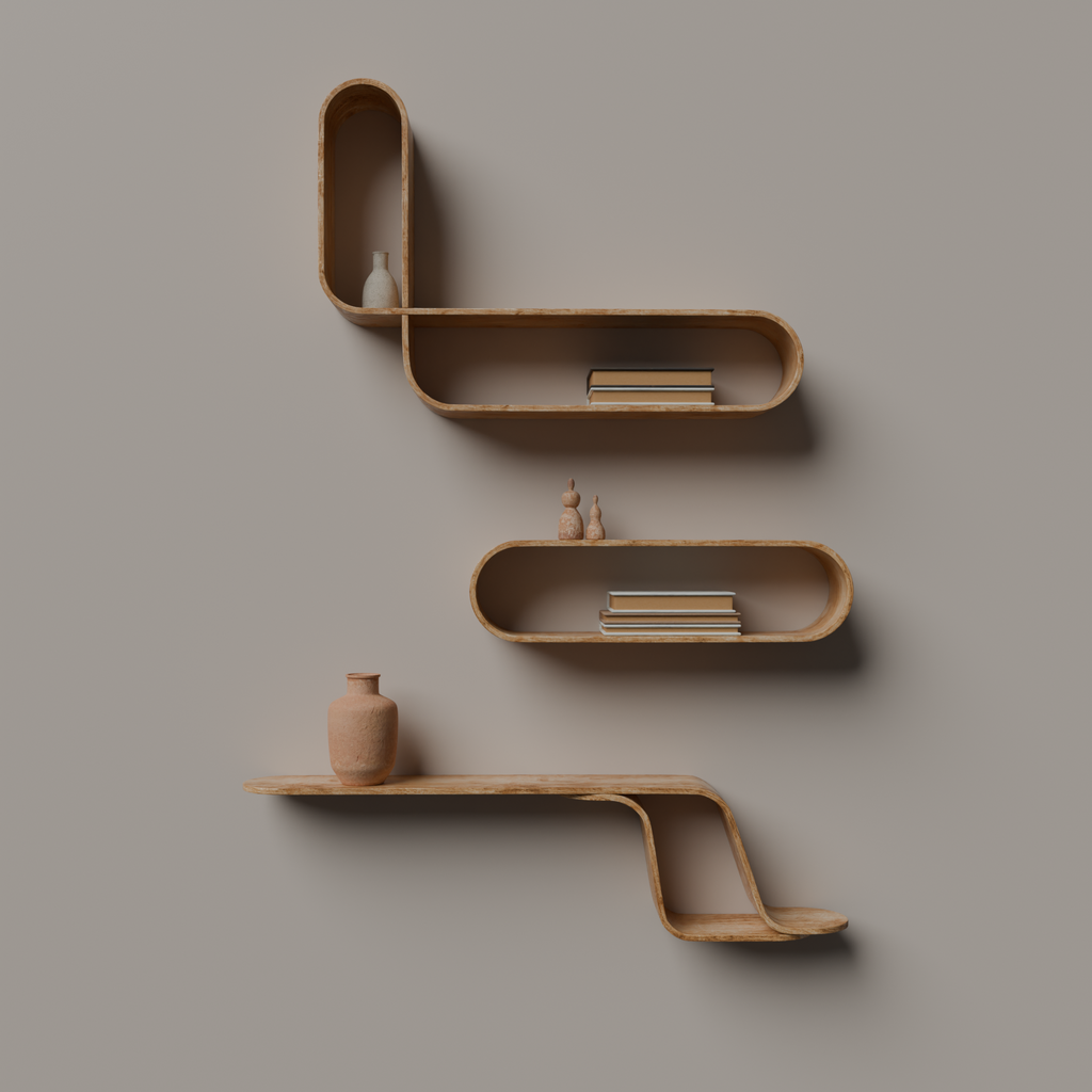 Modern Curved Wooden Wall Shelf Set | Interior Design models | BlenderKit