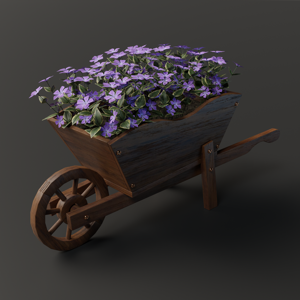 Wooden wheelbarrow with flowers | Outdoor Plants models | BlenderKit