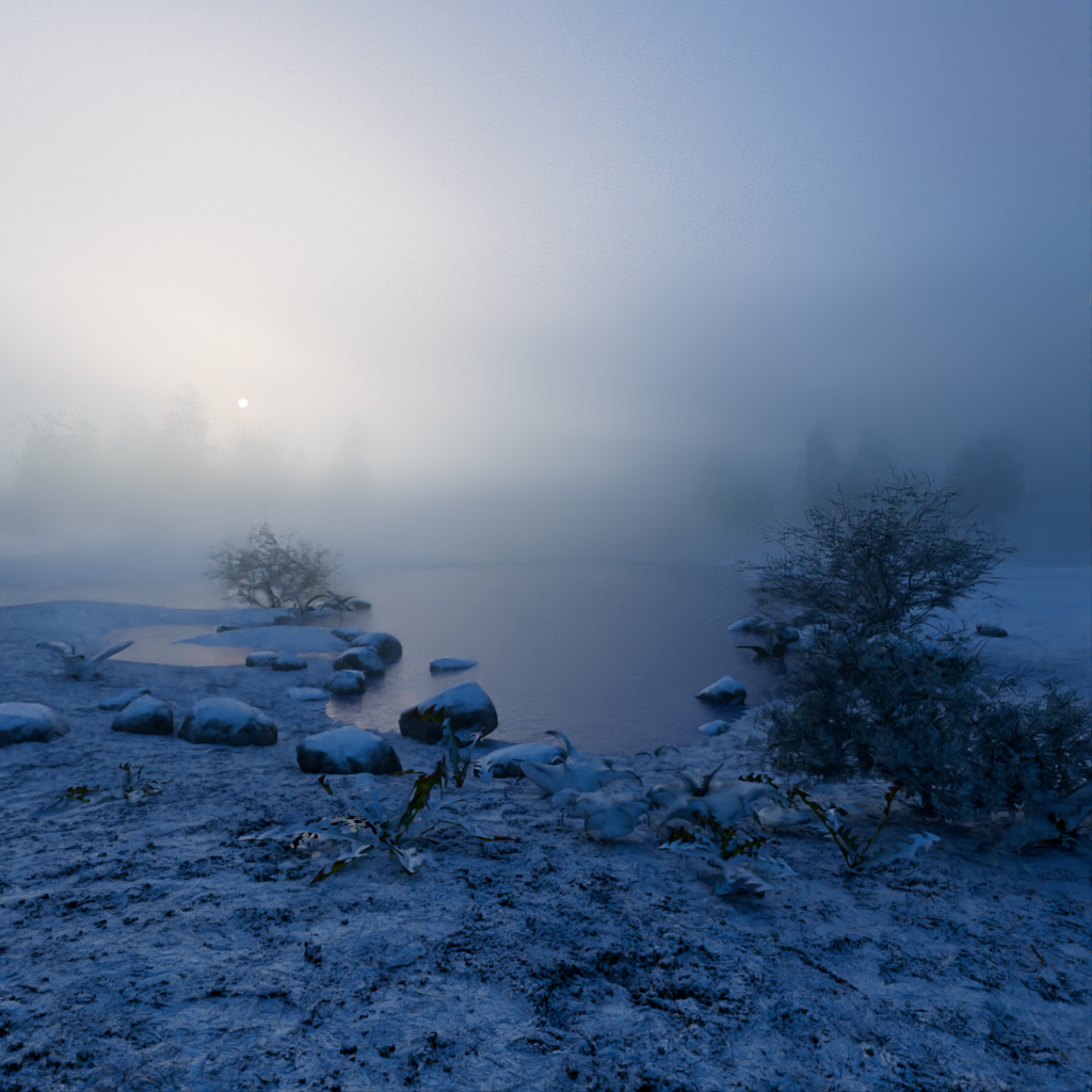 Procedural Foggy Winter Pond Scene | Holidays scenes | BlenderKit