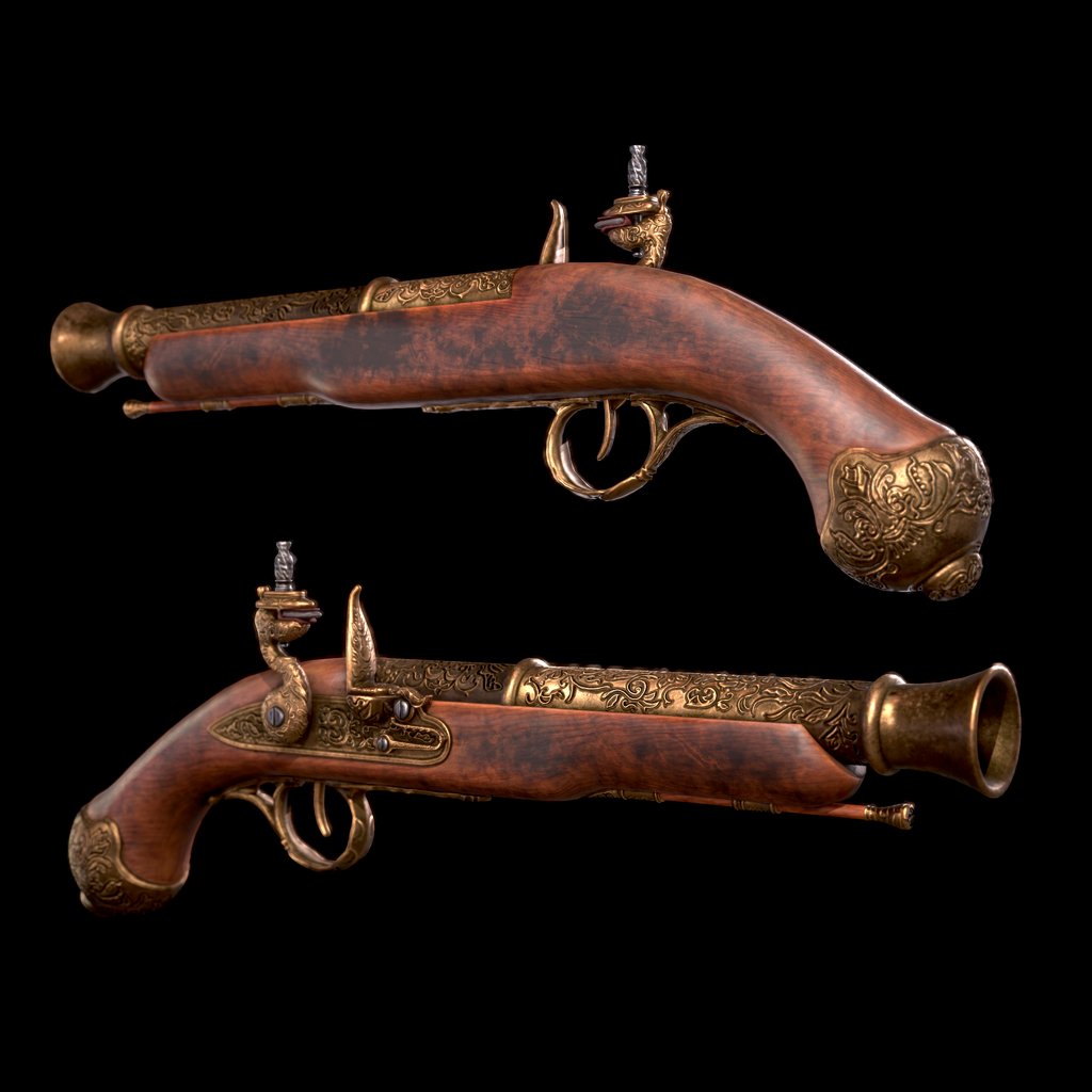 Golden Flintlock Pistol | Historical Weapons models | BlenderKit