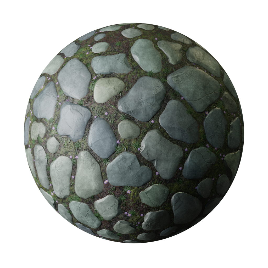 Mossy ground with cobbles and flowers | FREE ground materials | BlenderKit