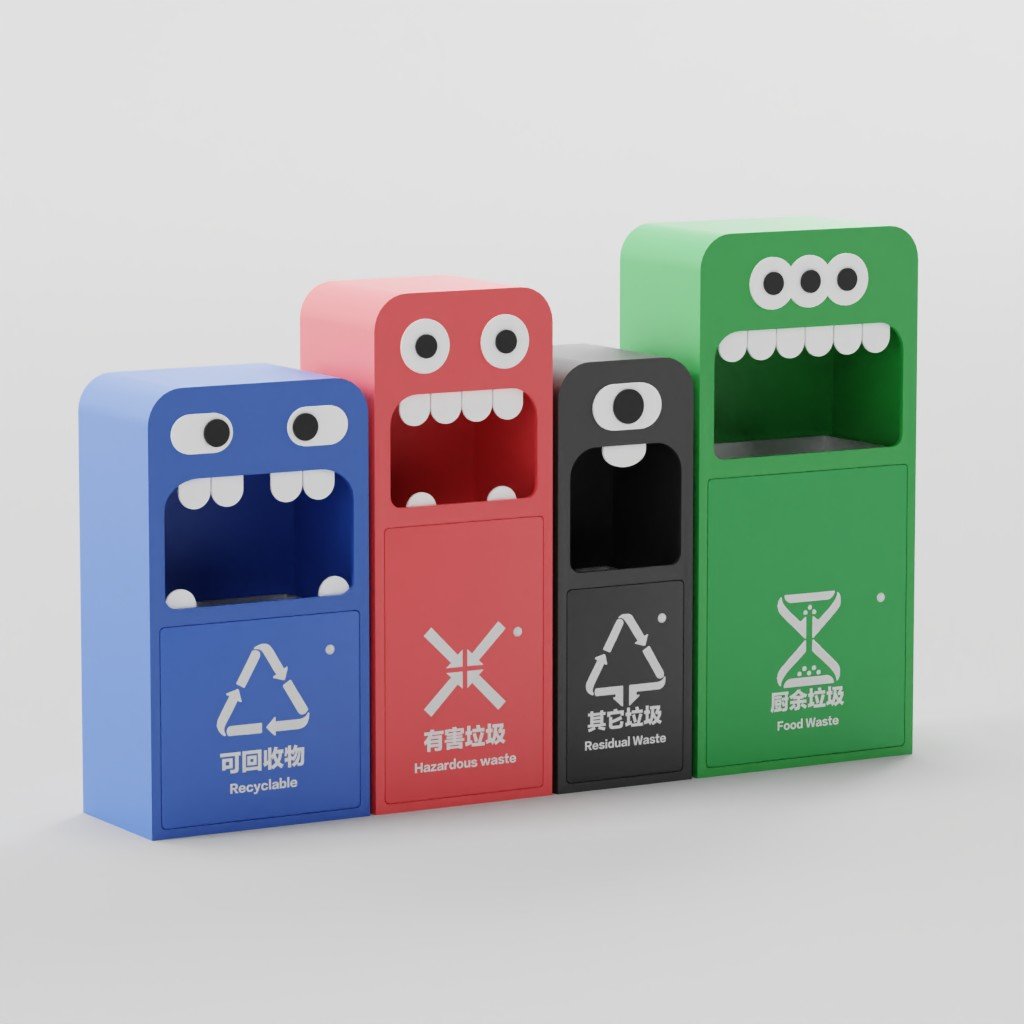 Community public dustbin combination | FREE 3D Urban Environment models ...