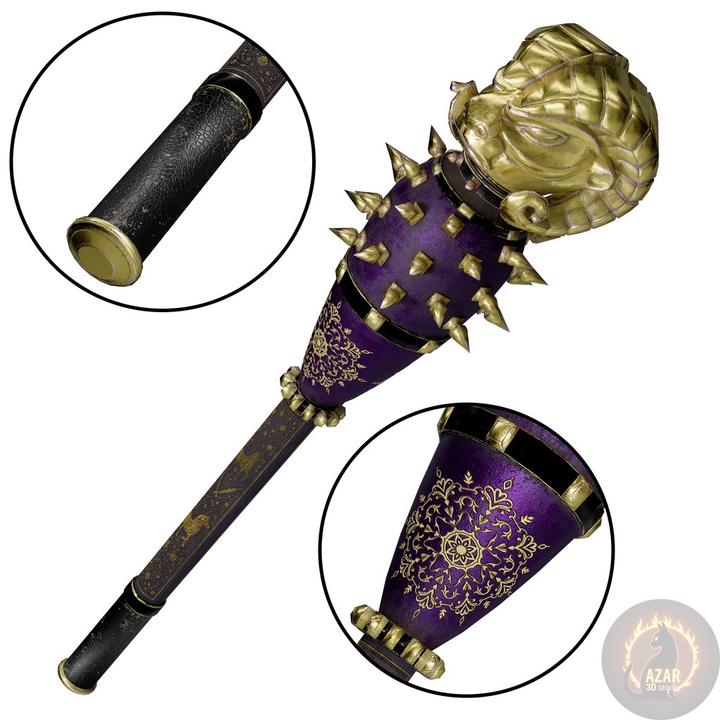 Ram Head War Mace – Purple & Gold | Historical Weapons models | BlenderKit
