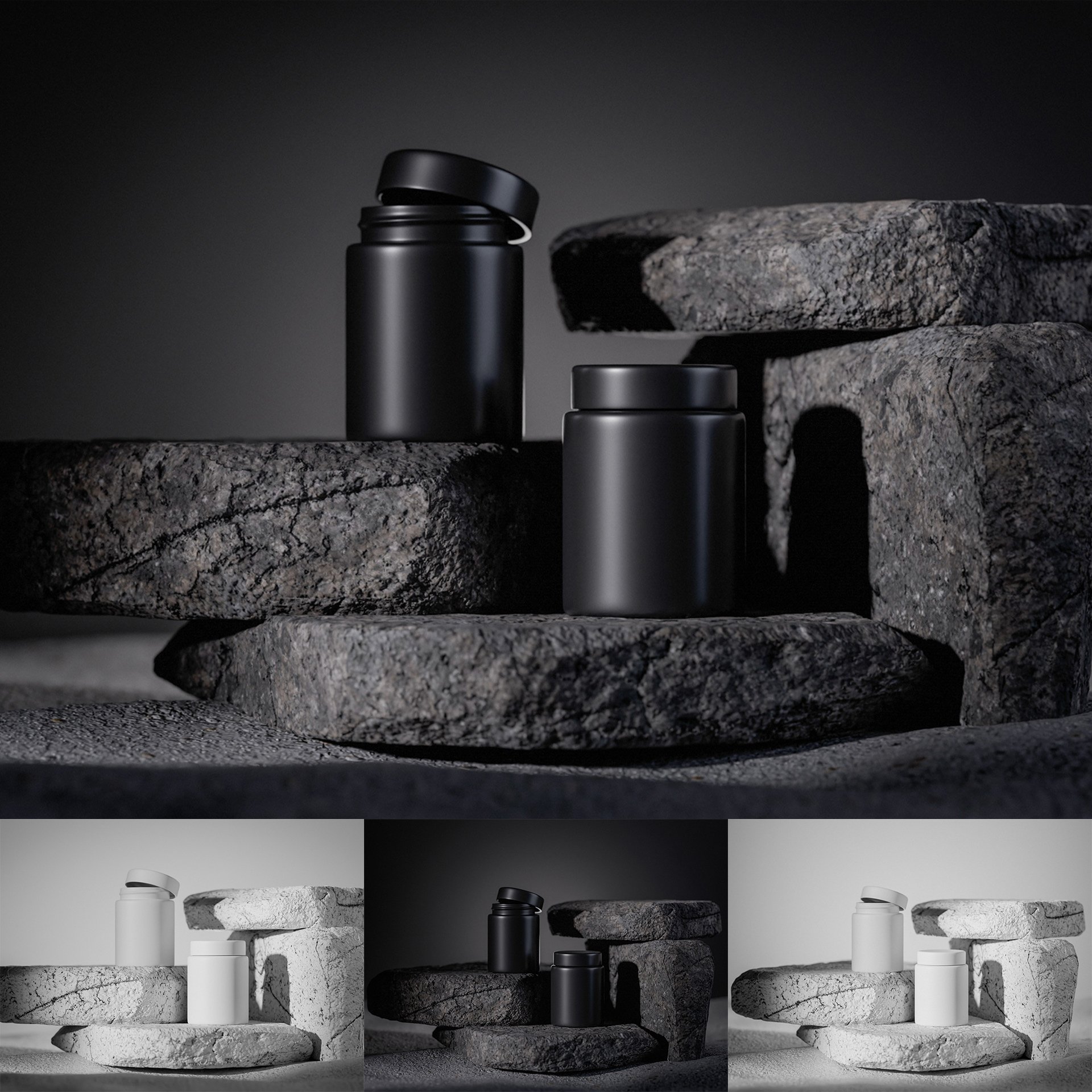 Two black containers on stone surface | Mockup scenes | BlenderKit