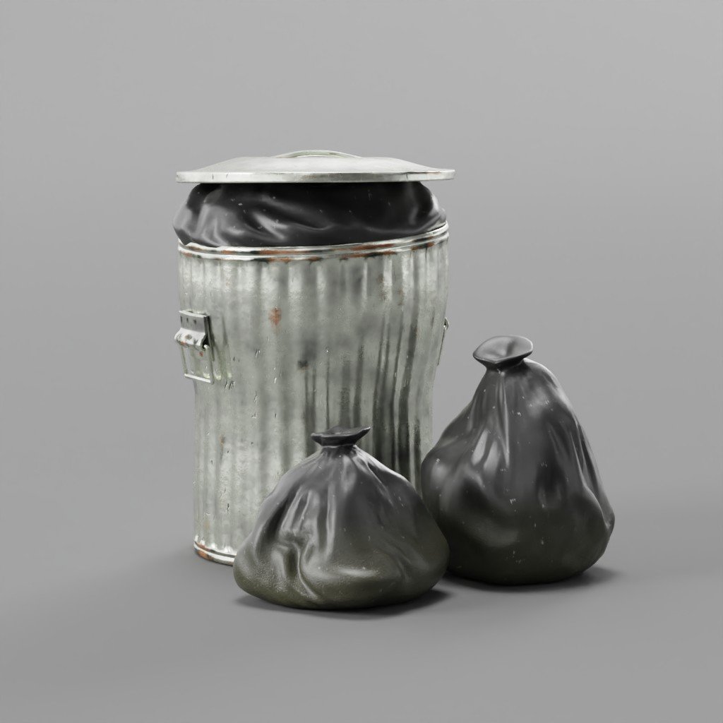 Used Trash Can With Bags And Flies | FREE Containers models | BlenderKit