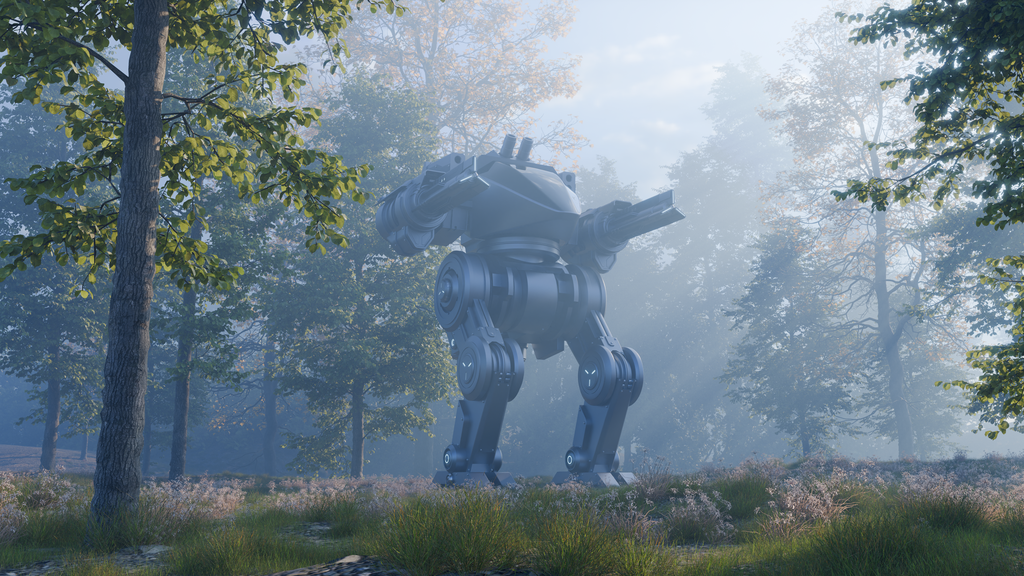 Combat Mech in Misty Forest | Fantasy scenes | BlenderKit
