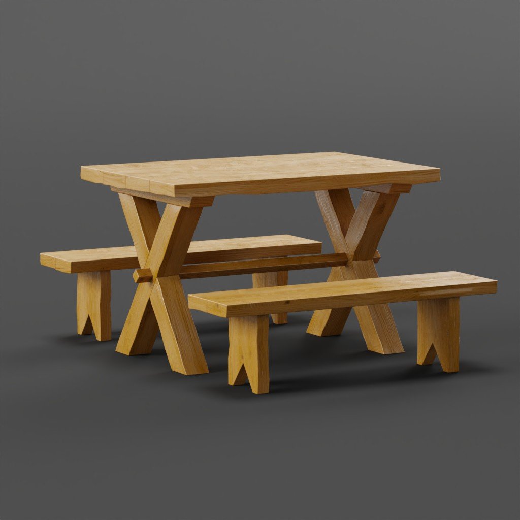 Wood table with benches | FREE Benches models | BlenderKit