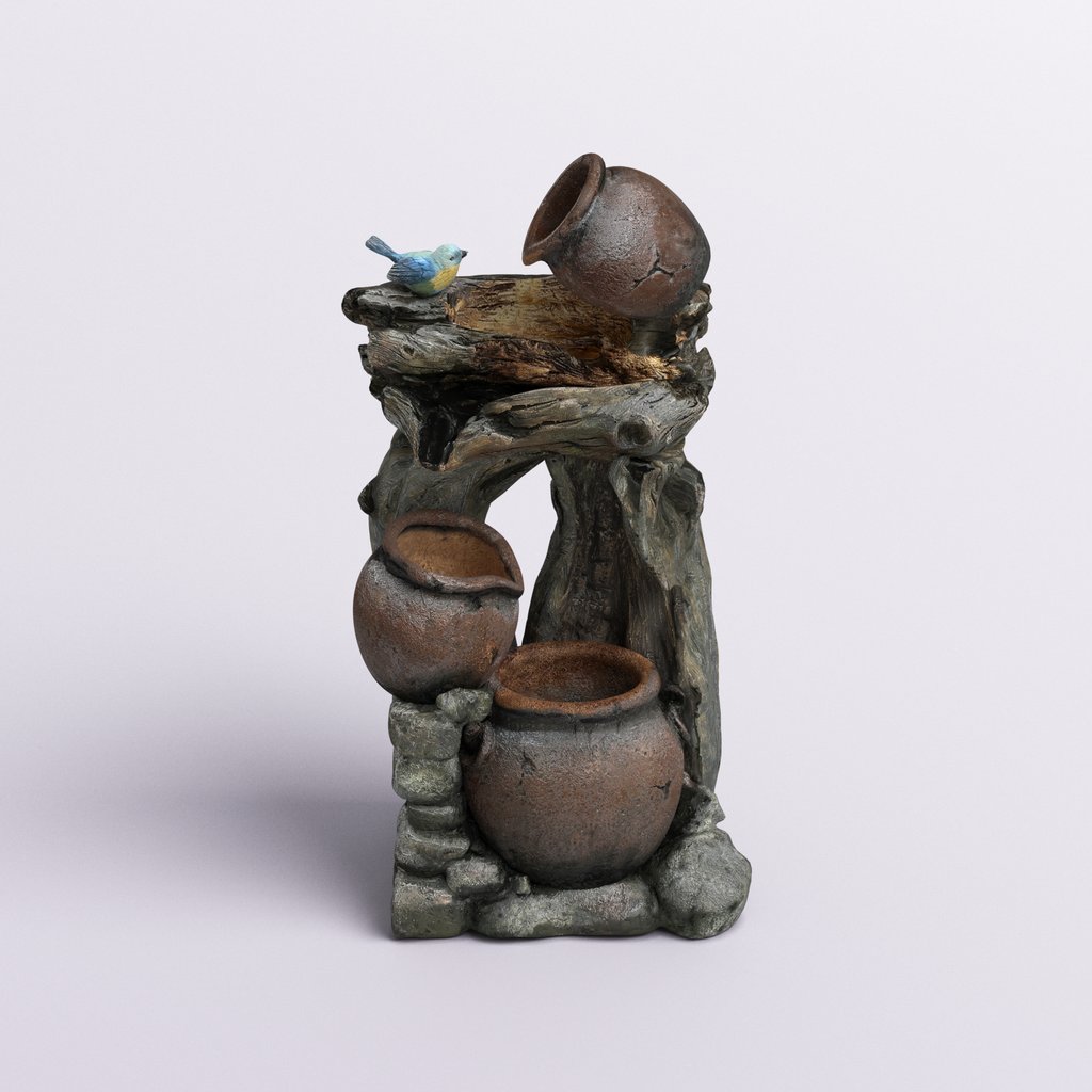 Rustic Clay Pot Fountain with Bird Decor | Fountains models | BlenderKit