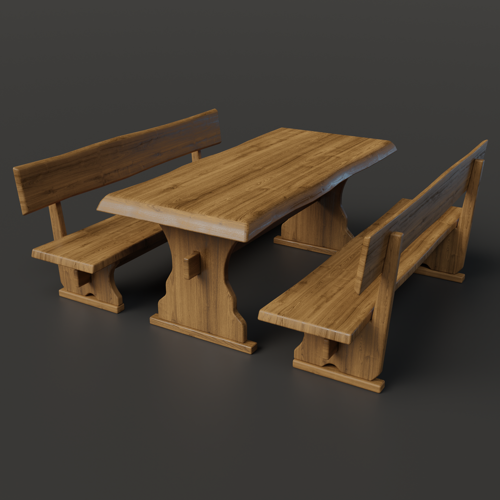 Rustic wooden table and benches | Outdoor Furniture models | BlenderKit