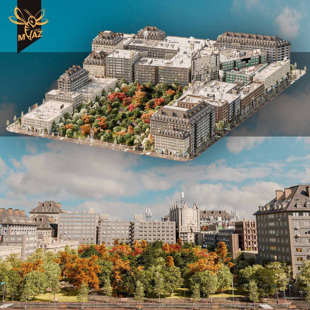 European Urban City Block & Central Park | Urban scenes | BlenderKit