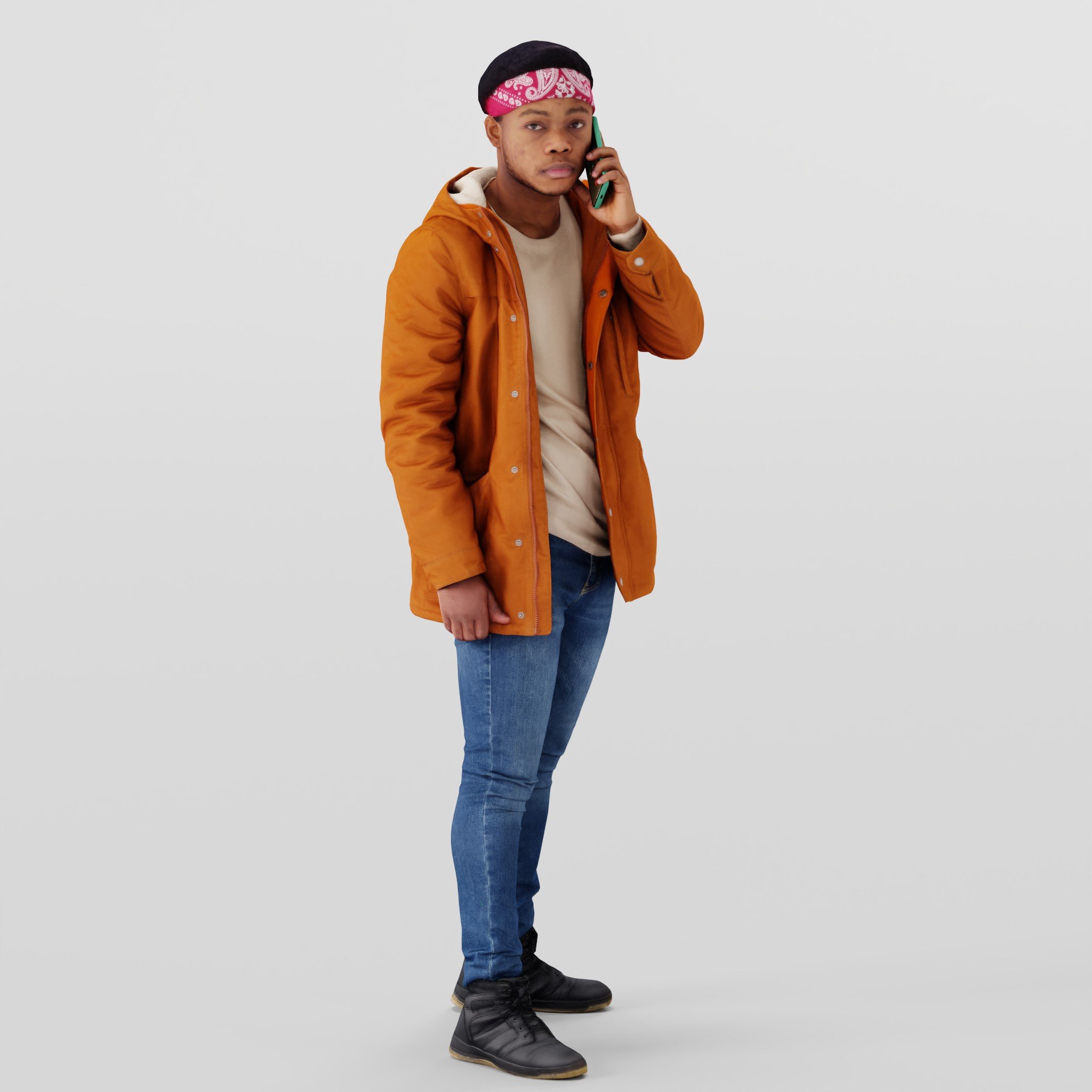 Guy in orange jacket with smartphone | Men models | BlenderKit