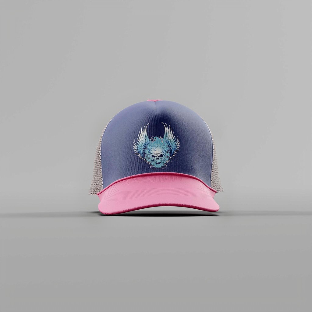 Blue and Pink Winged Skull Trucker Cap | Headwear models | BlenderKit
