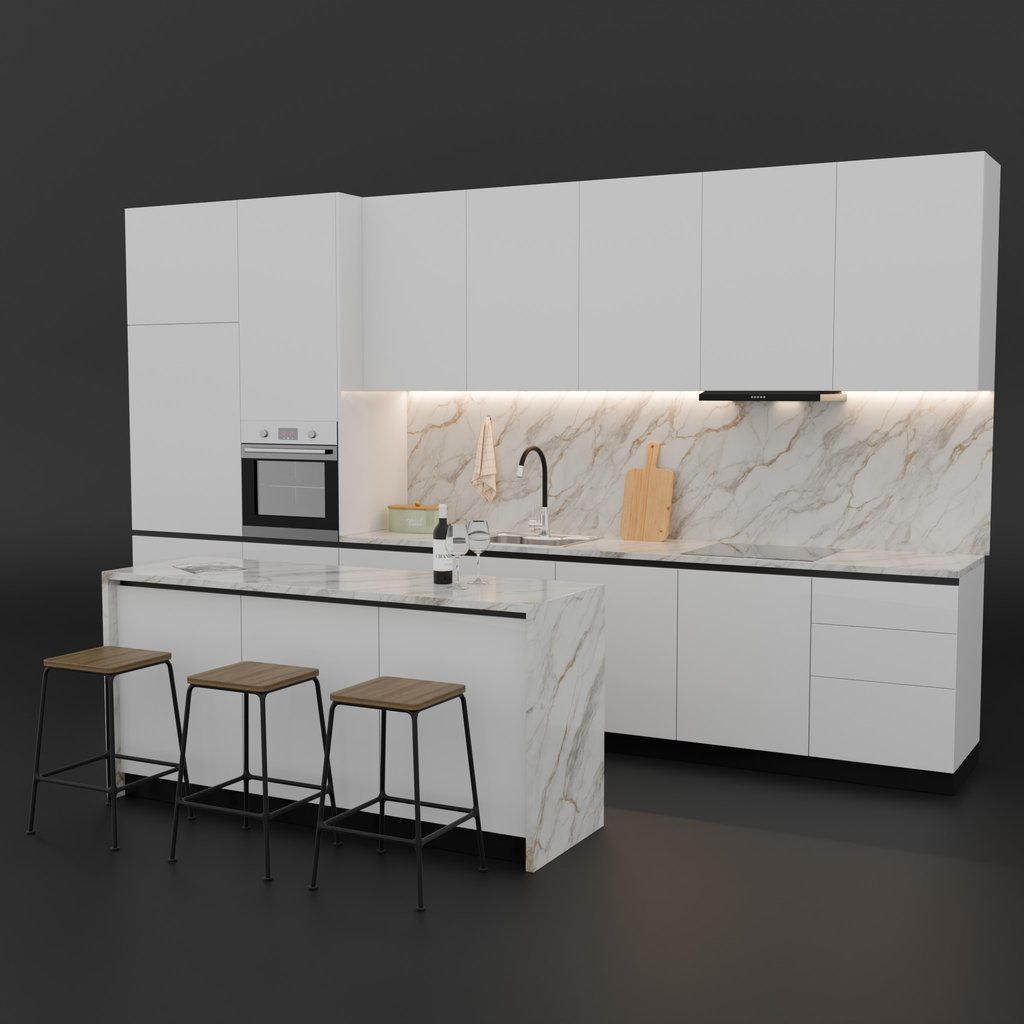 Modern White Kitchen with kitchen island | Kitchen Sets models | BlenderKit