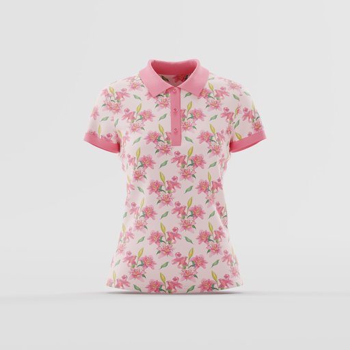 Pink Floral Print Women's Polo Shirt | Women Clothing models | BlenderKit
