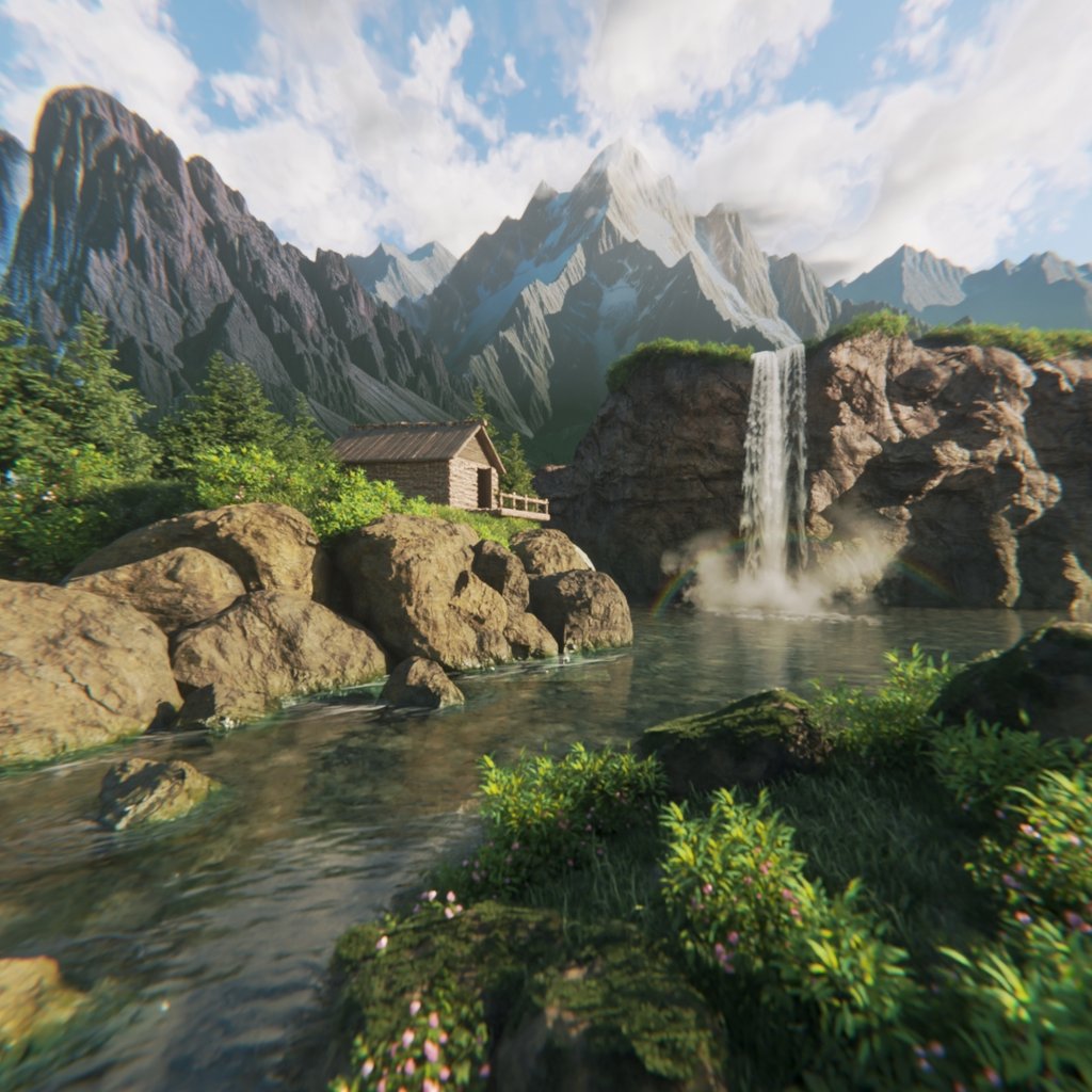 BlenderKit | Download the FREE Lakeside Cabin in the Mountains scene
