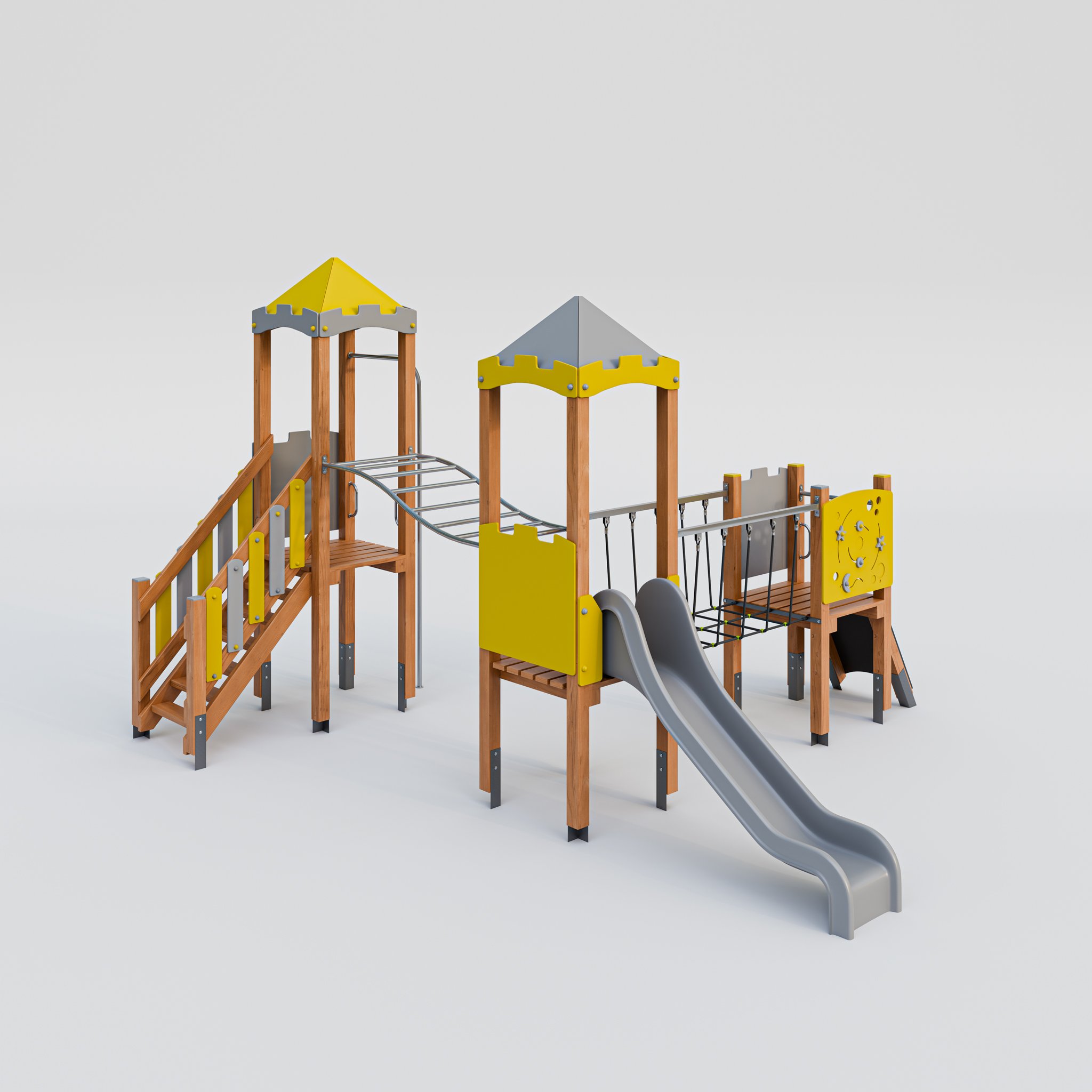 Wooden grey and yellow playground set | Playgrounds models | BlenderKit