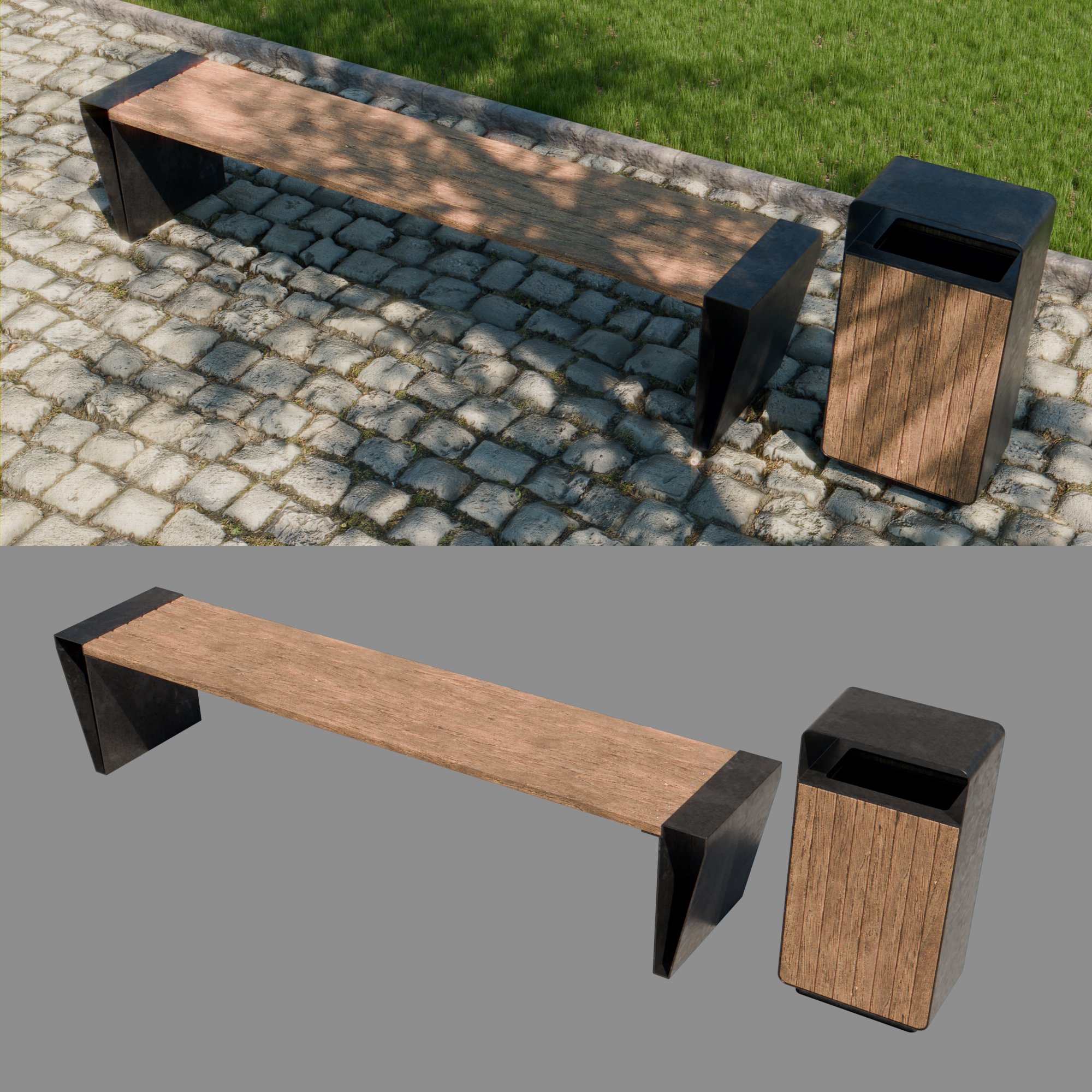 Minimal bench wirh trash bin | Benches models | BlenderKit