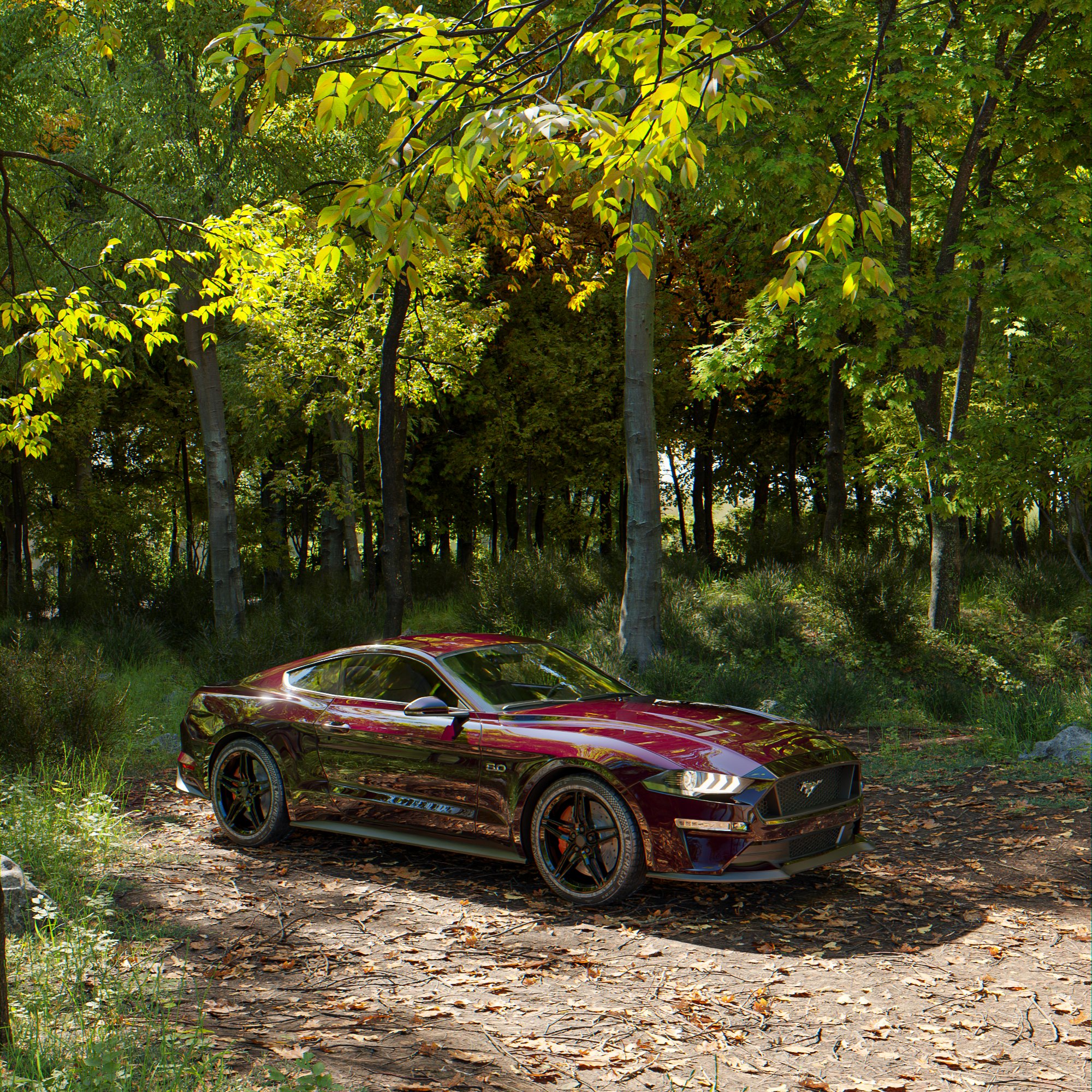 Ford Mustang in forest | Rural scenes | BlenderKit