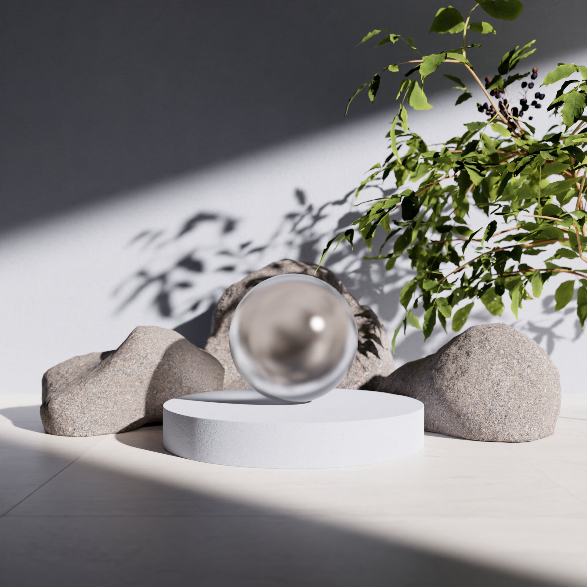 Rounded podium with rocks and plant | Product Visualization scenes ...