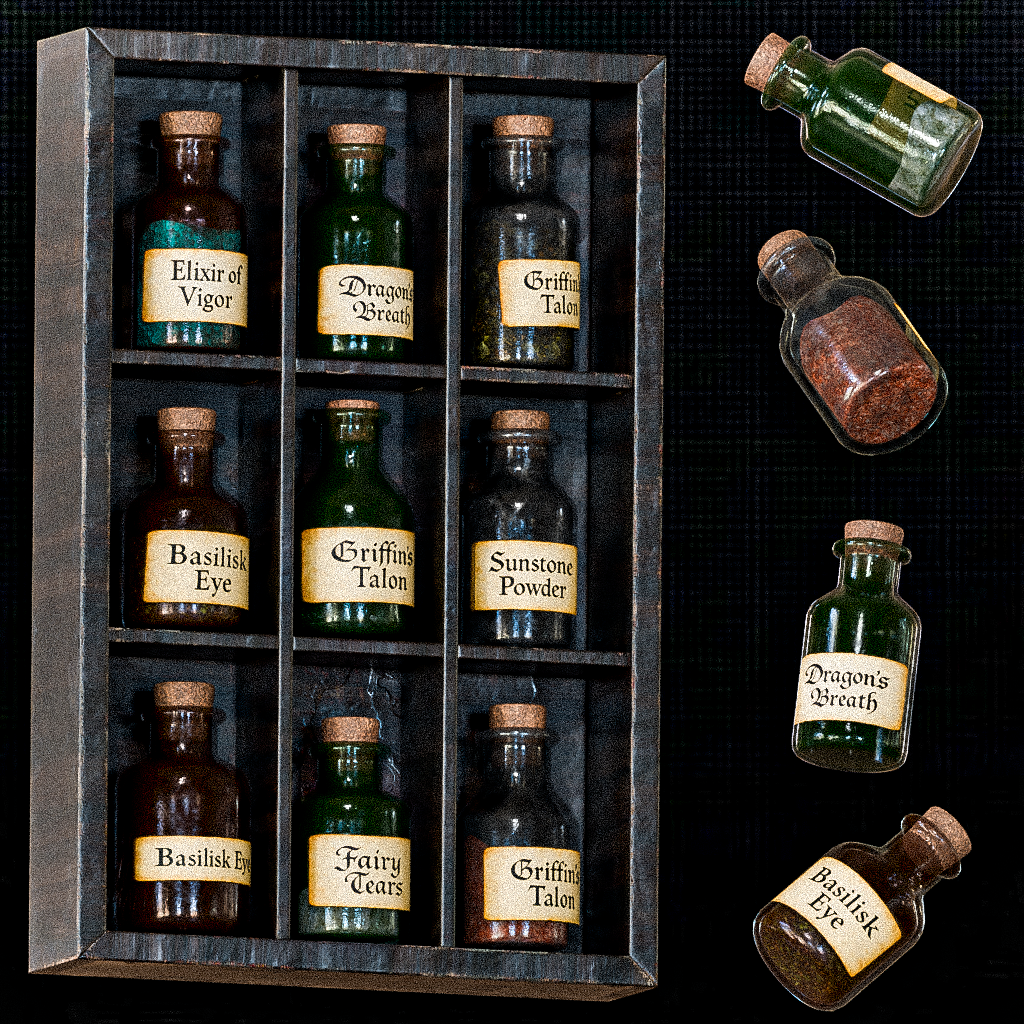 Wall Potion Rack with Bottles | Decoration Sets models | BlenderKit