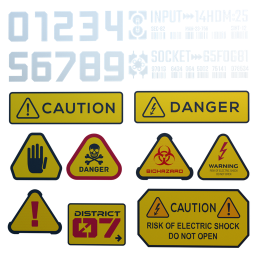 Warnings decals signs 4k texture | FREE tech materials | BlenderKit