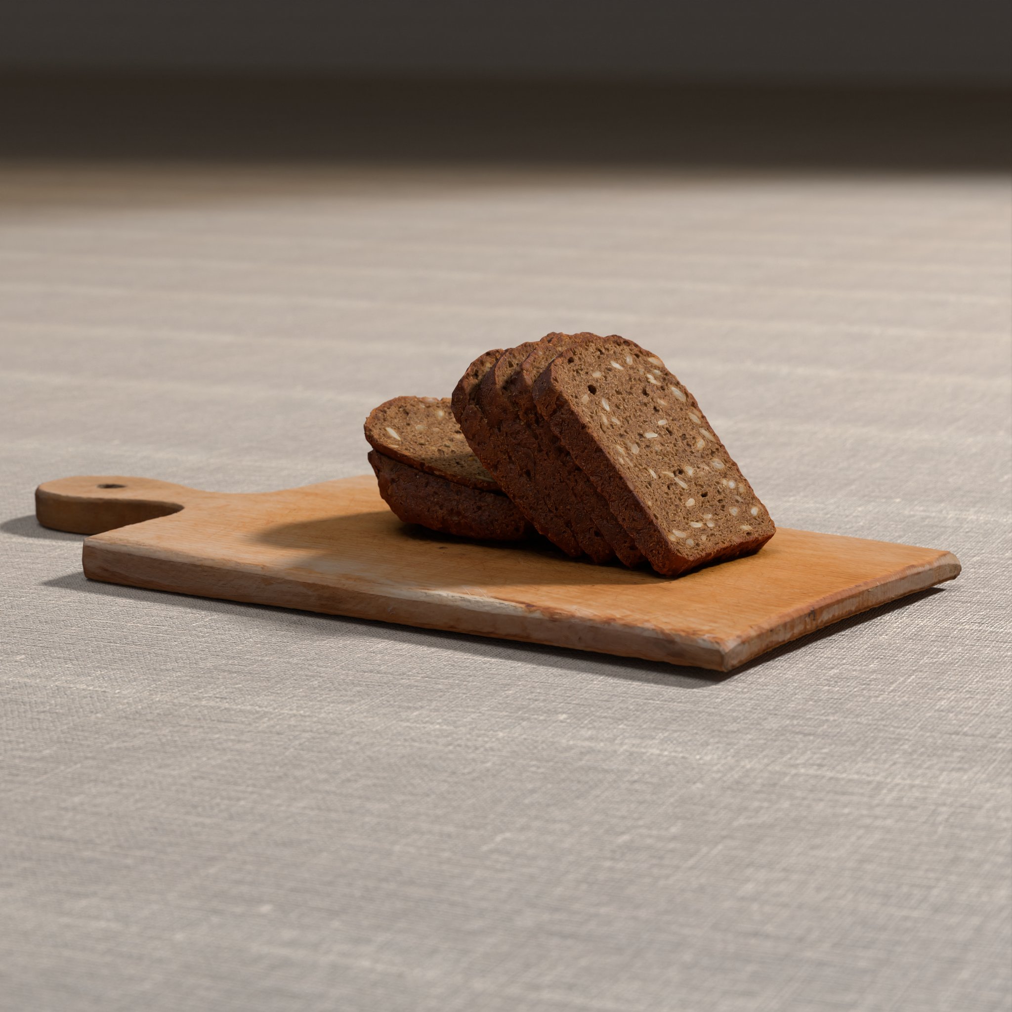 Sliced rye bread on a cutting board | FREE Food models | BlenderKit