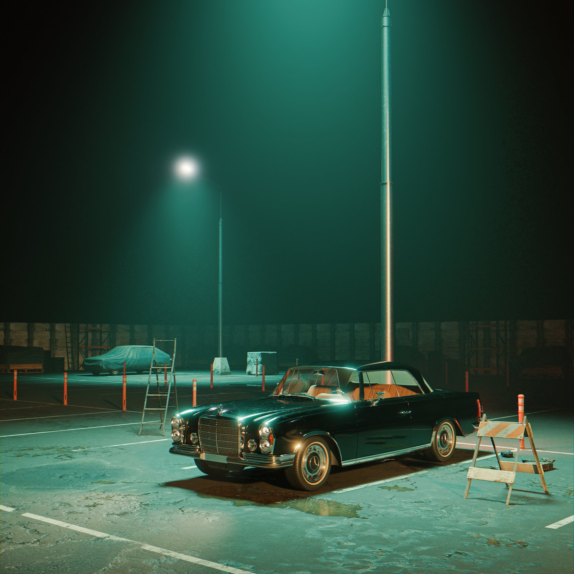 Classic car in parking lot | Urban scenes | BlenderKit