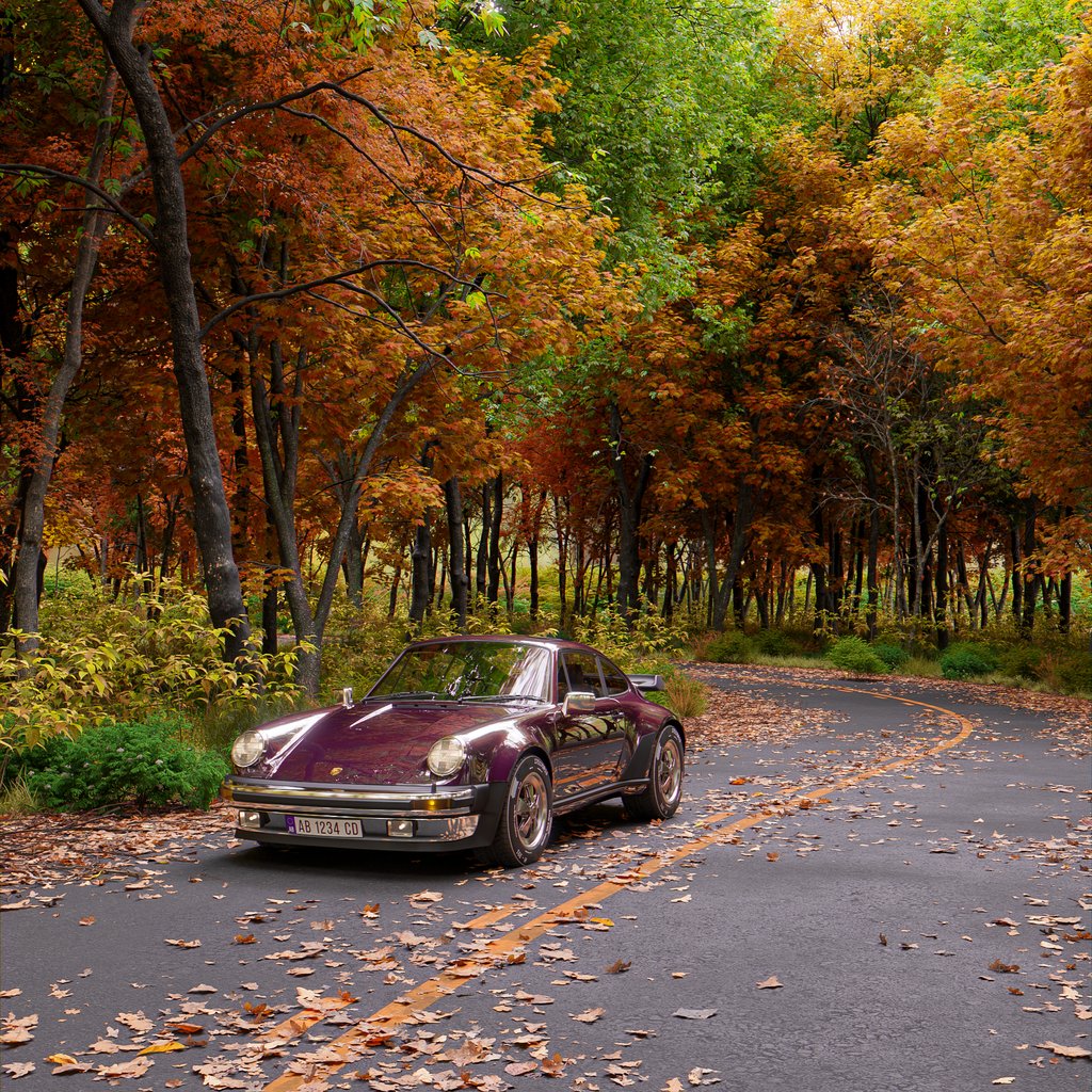 Euro 1978 Porsche 930 in autumn road | Urban scenes | BlenderKit