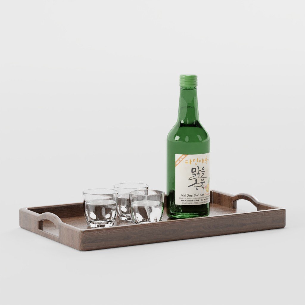 Soju With Glasses on Wooden Tray | Beverages models | BlenderKit