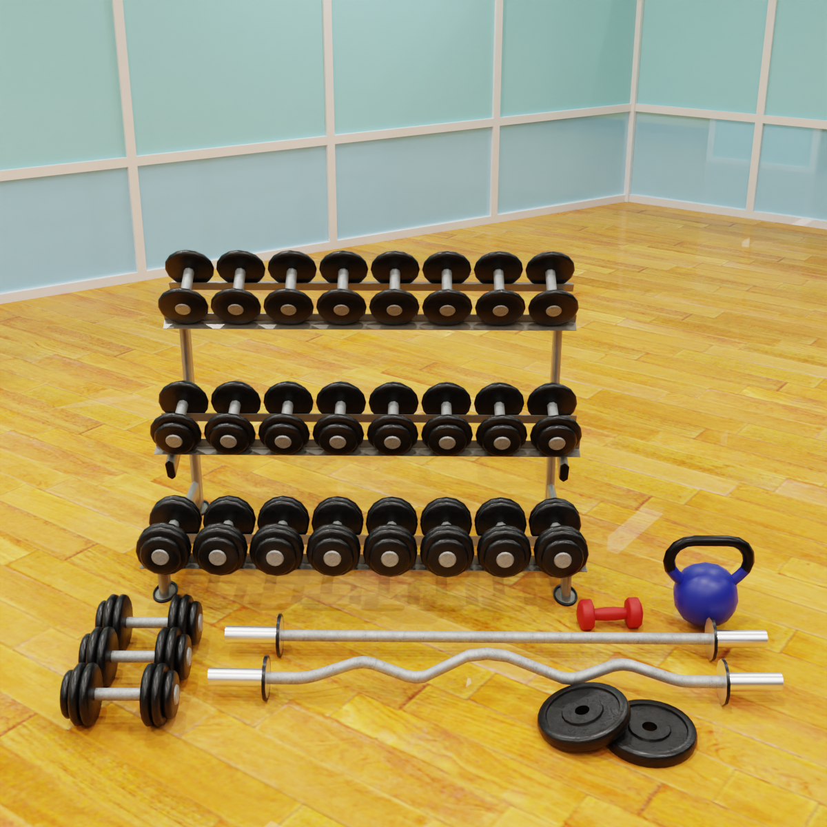 Dumbbell and barbell set | 3D Gym models | BlenderKit