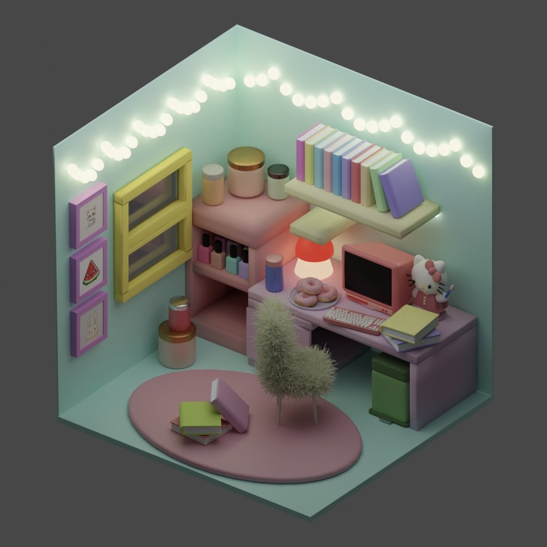 Cute pastel hello kitty computer room | Isometric scenes | BlenderKit