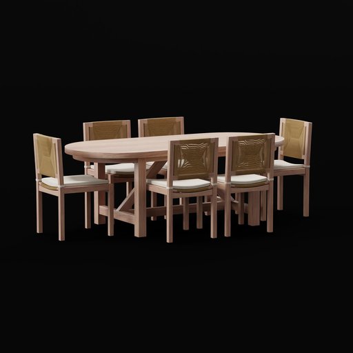 Padded Roped Wooden Dining Set | Chair-table Sets models | BlenderKit