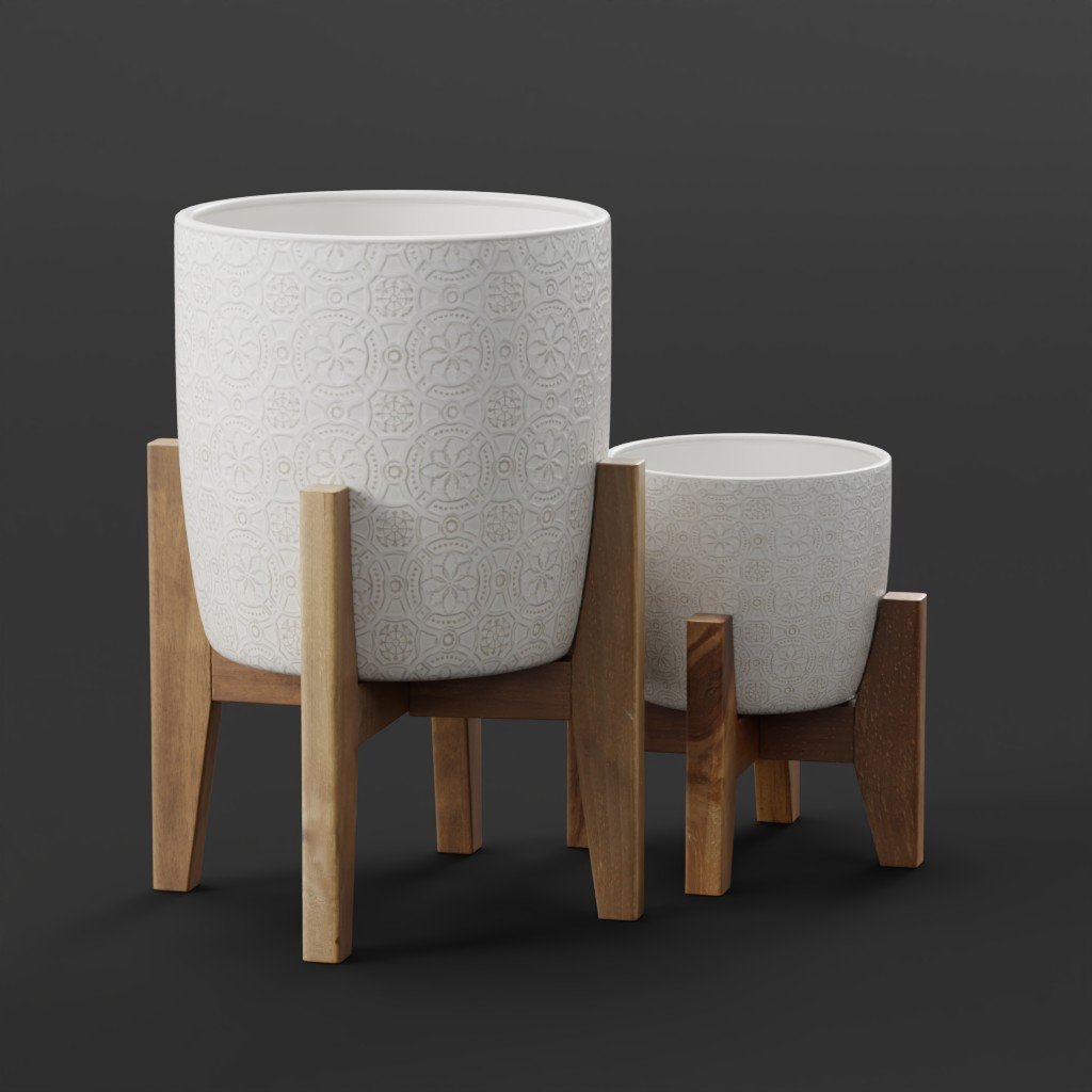 Ceramic Planters with Wooden Stands | FREE Vases models | BlenderKit