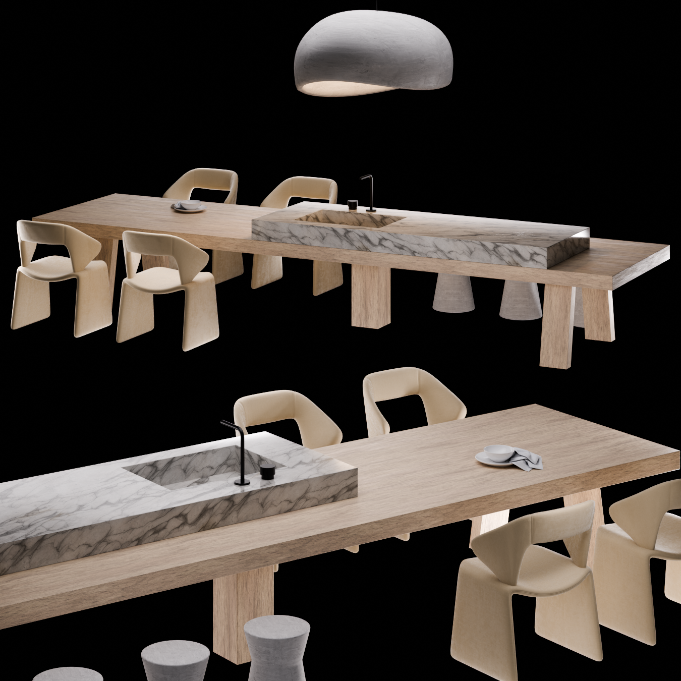 Modern Wabi Sabi Kitchen Counter Set | FREE Chair-table Sets models | BlenderKit