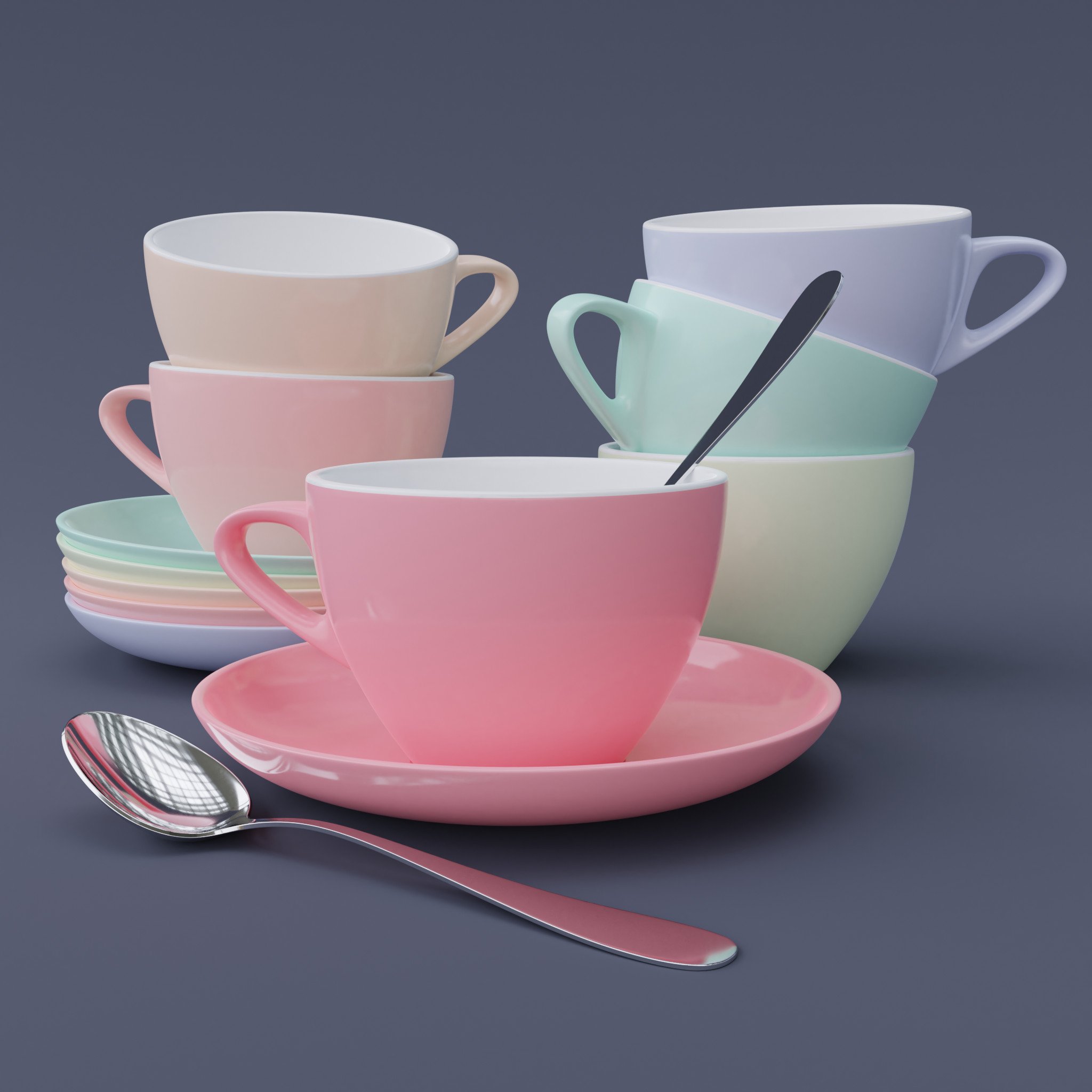 Cup & Saucer Set Large Colored 1 | FREE Tableware Sets models | BlenderKit