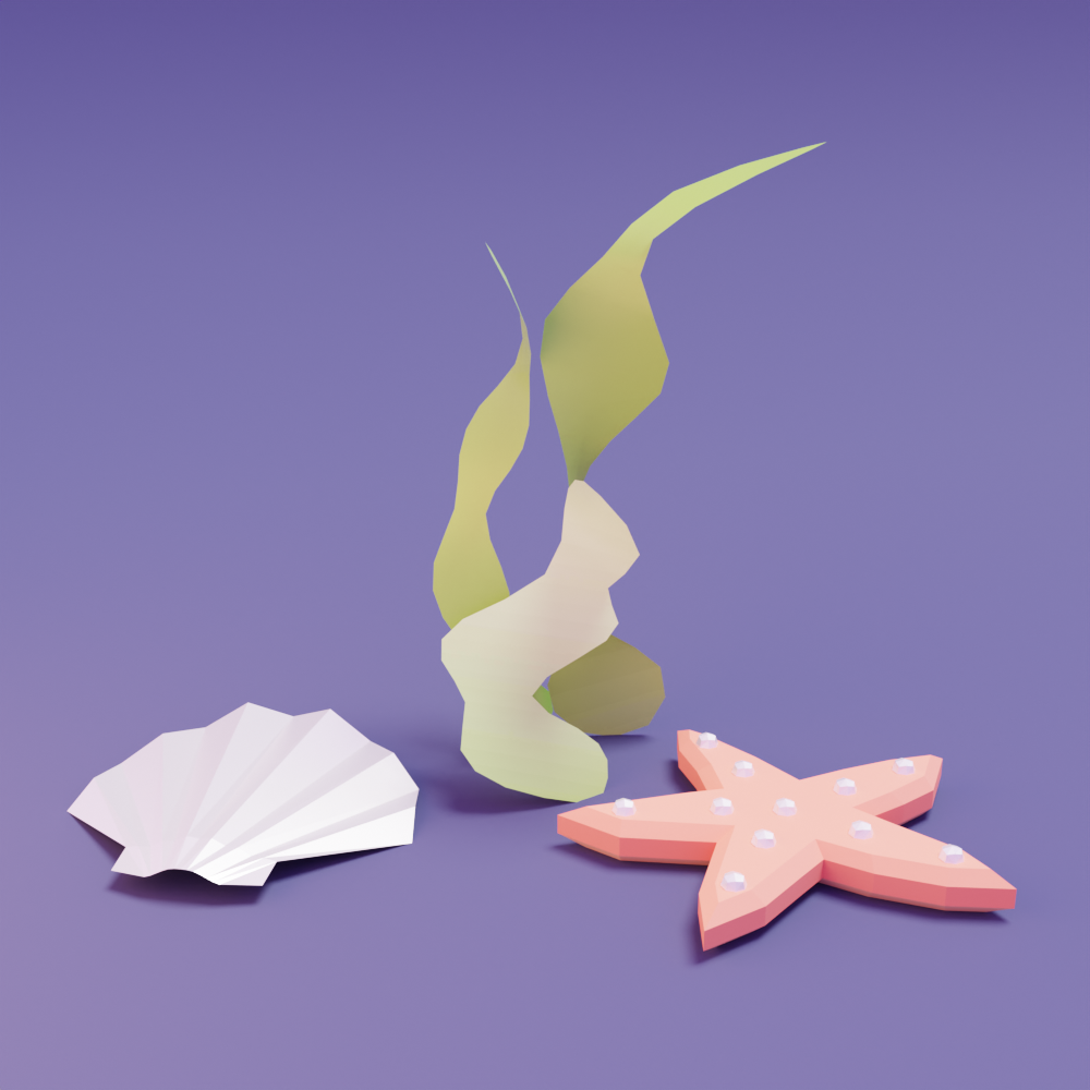 Lowpoly seaweed, shell and starfish | Nature models | BlenderKit