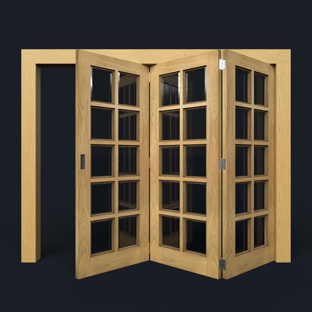 Ten-Pane Oak Tri Folding Door (Rigged) | Doors models | BlenderKit