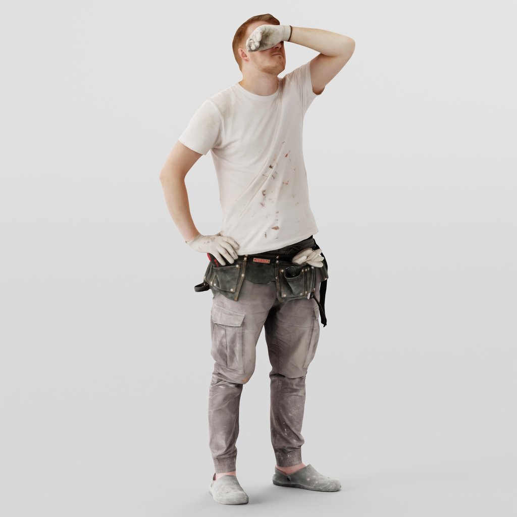 Worker in a White T-shirt Wipes Sweat | Men models | BlenderKit
