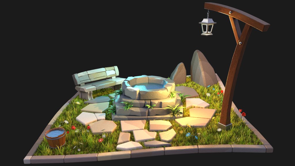 Stylized Cartoony Water Well Diorama | FREE Cartoon scenes | BlenderKit