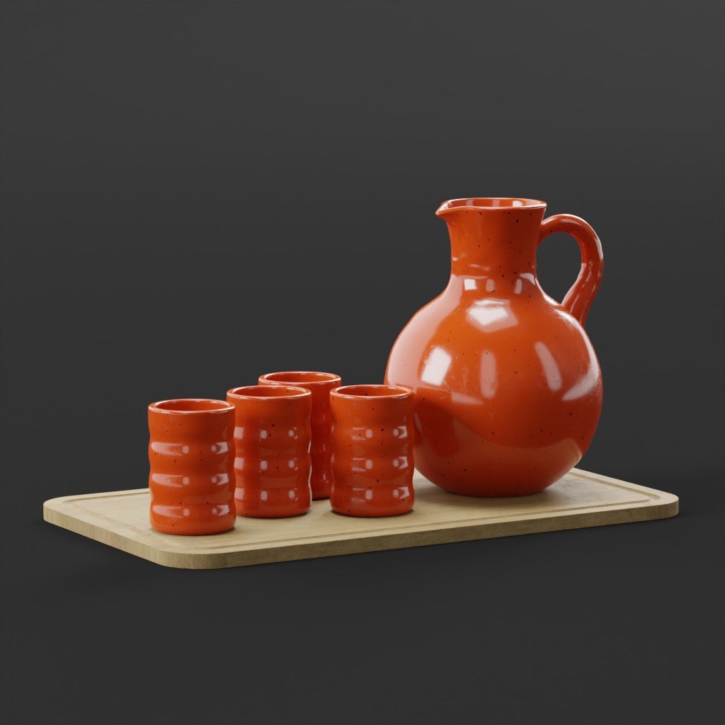 Tray with clay jug and cups | FREE Kitchenware models | BlenderKit