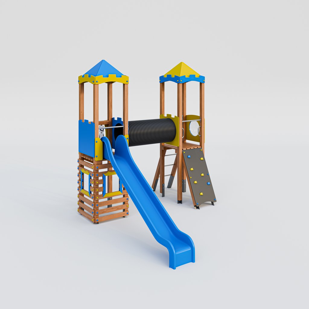 Wooden playground set with slide n pipe | Playgrounds models | BlenderKit