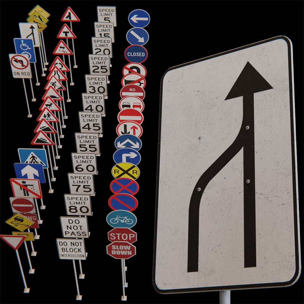 50 Road Sings | Urban Environment models | BlenderKit