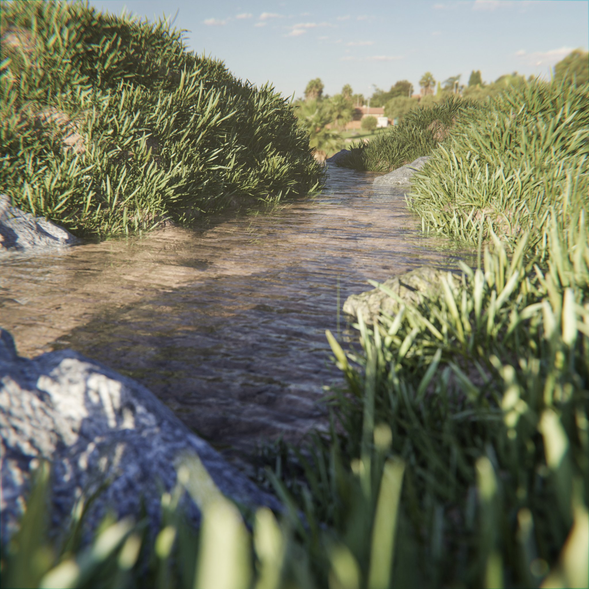Small stream with grassy hills on the bank | Nature scenes | BlenderKit